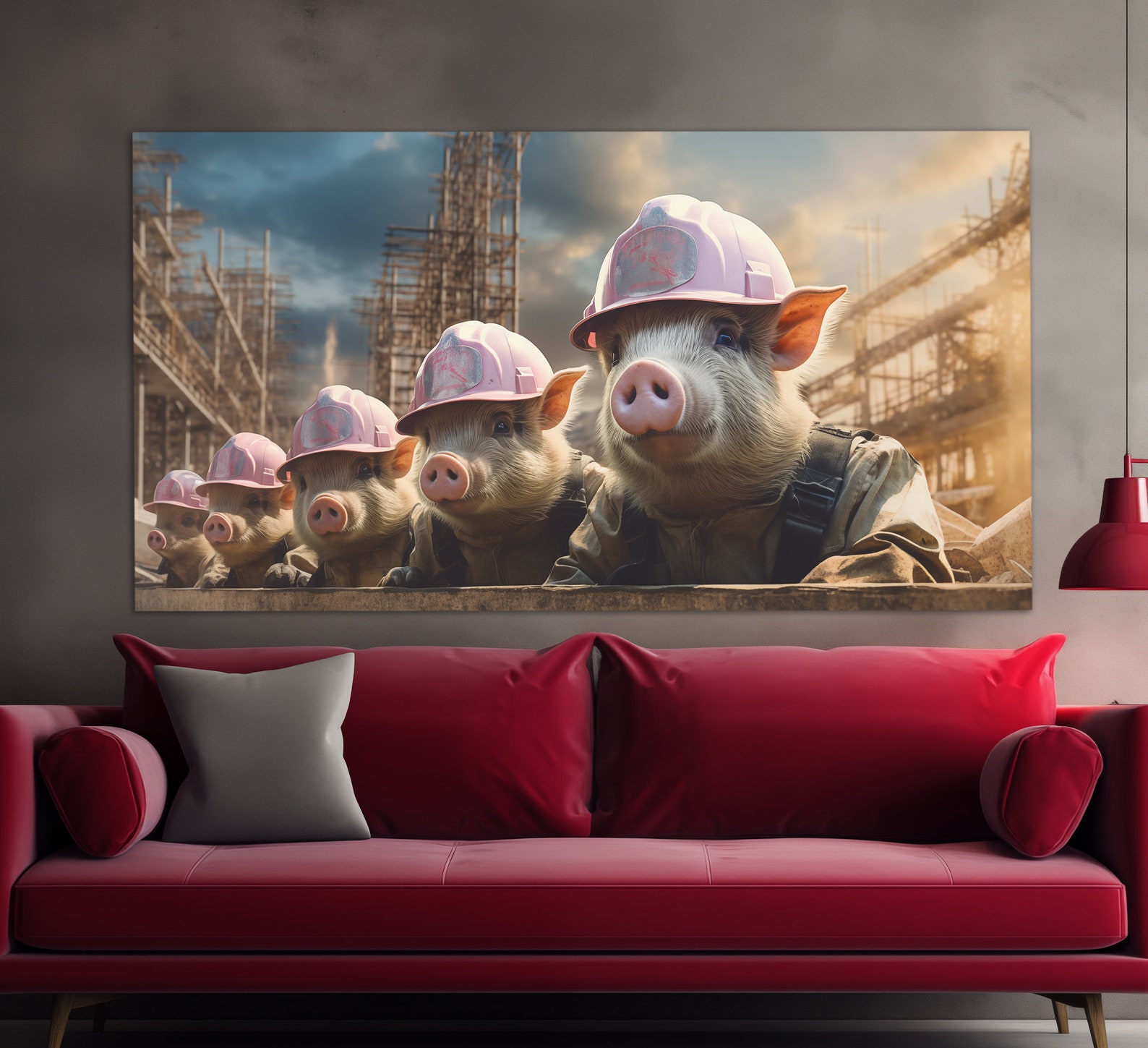 Funny Construction Wall Art, Pigs in Helmets Canvas Print, Abstract ...