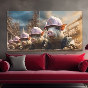 Funny Construction Wall Art, Pigs in Helmets Canvas Print, Abstract ...