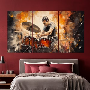 Abstract Drummer Canvas Print in Retro Oil Painting Style, Drums ...