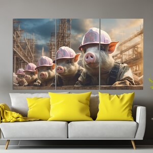 Funny Construction Wall Art, Pigs in Helmets Canvas Print, Abstract ...