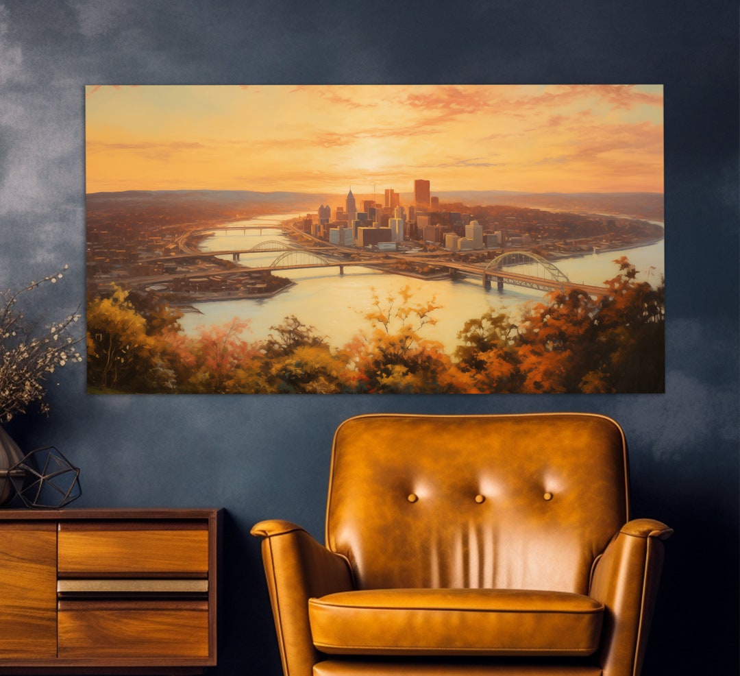 Pittsburgh Sunset Abstract Canvas Print in a Vintage Oil Painting Style ...