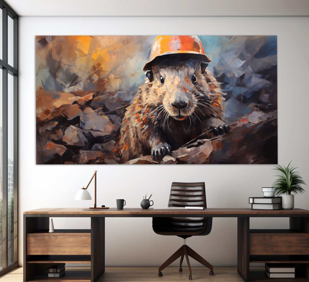 Funny Beaver Miner Wall Art, Beaver in Helmet Canvas Print, Abstract Beavers Miner Painting ...