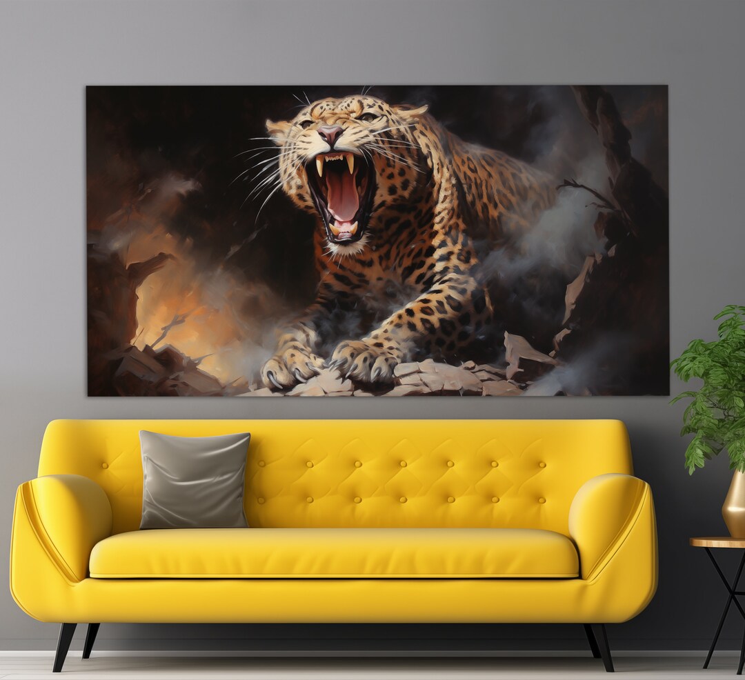 Roaring Leopard Canvas Print in a Vintage Oil Painting Style, Animals ...