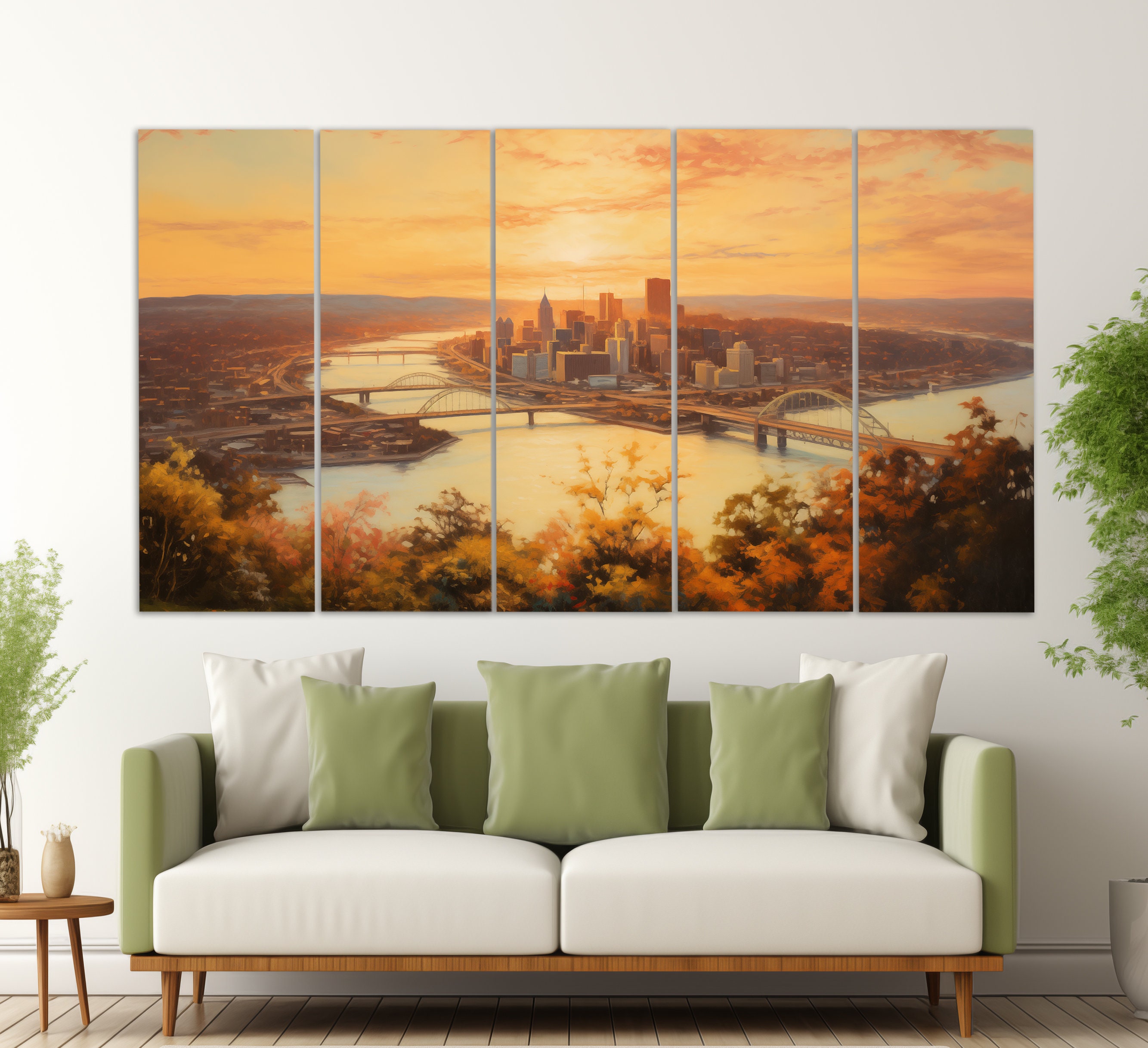 Pittsburgh Sunset Abstract Canvas Print in a Vintage Oil Painting Style ...