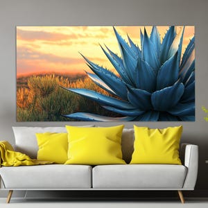 Agave in Desert Canvas Print in a Painting Style, Blue Agave Cactus ...