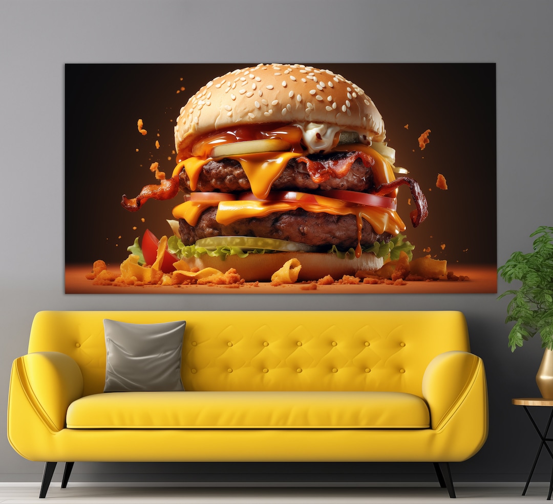 Juicy Hamburger Canvas Print, Hamburger Poster, Kitchen Wall Decor ...