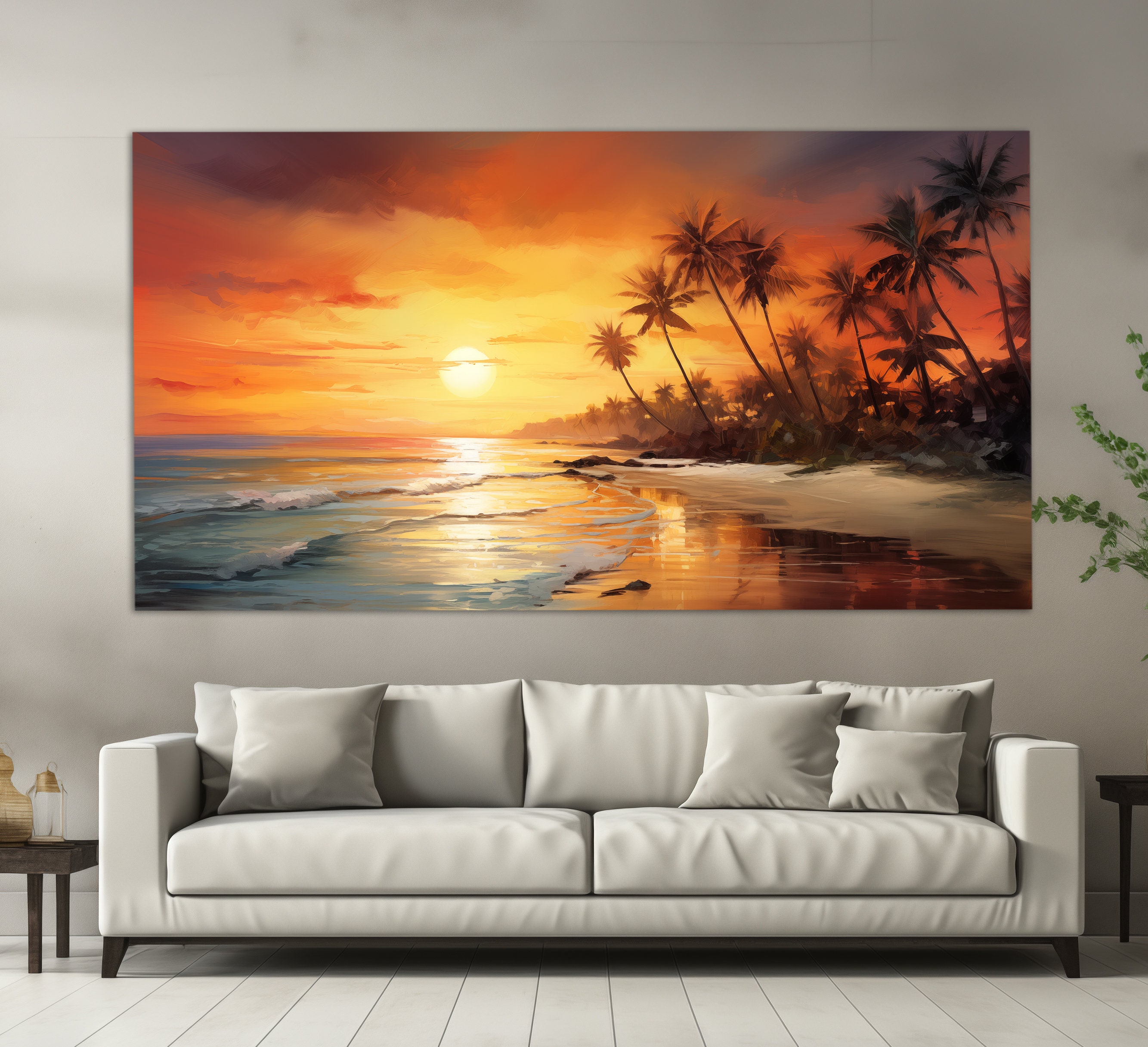 Sunset on Tropical Beach Canvas Print, Ocean Beach Wall Art, Palms on ...