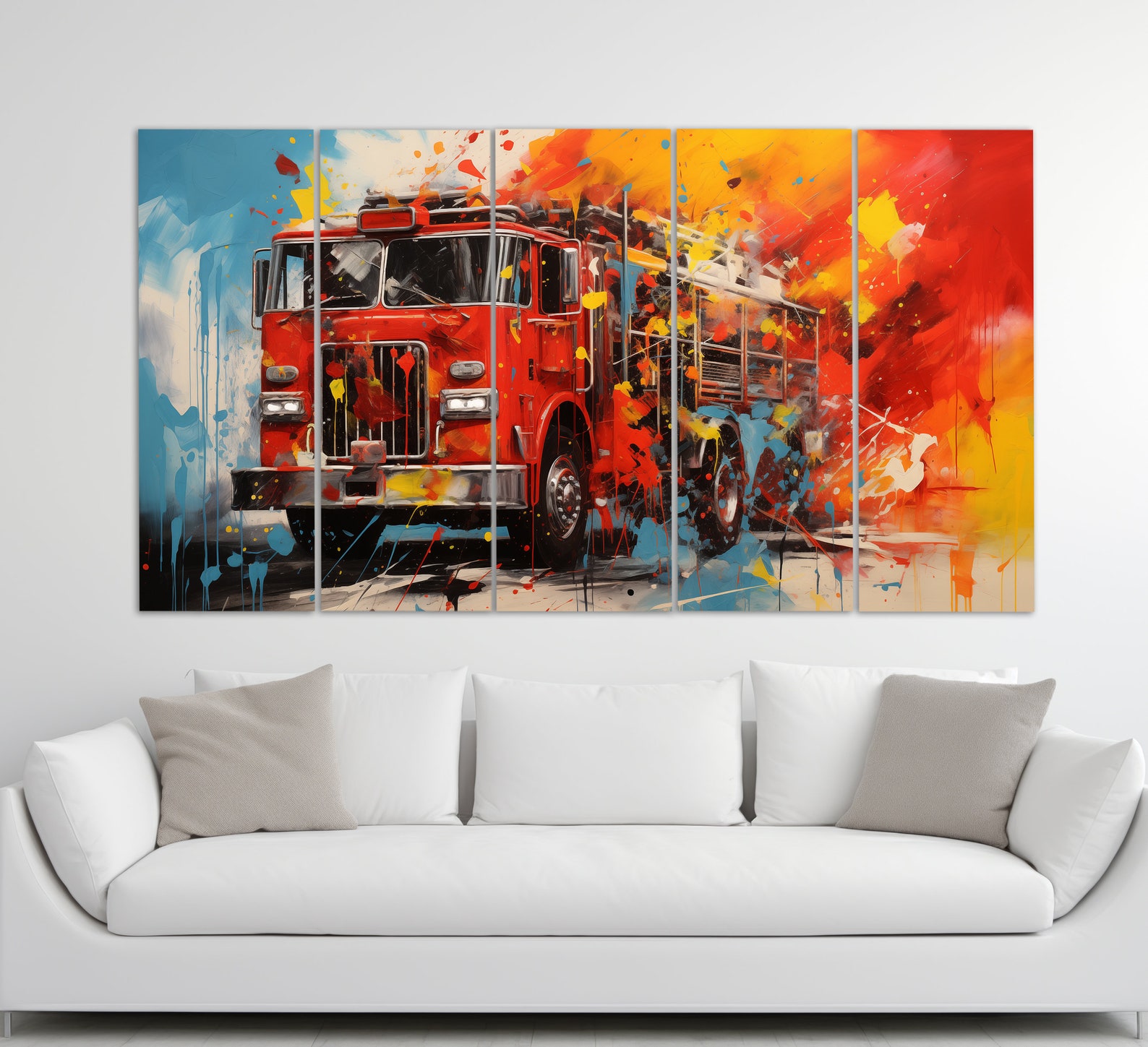 Abstract Firetruck Canvas Print in an Oil Painting Style, Firefighter ...