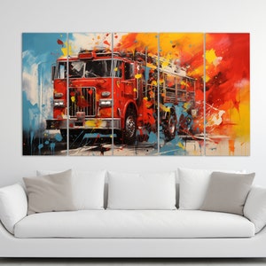 Abstract Firetruck Canvas Print in an Oil Painting Style, Firefighter ...