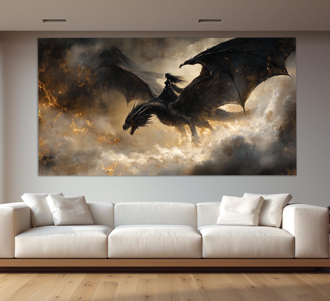 Flying Dragon Canvas Print, Abstract Medieval Painting, Fantasy Wall ...