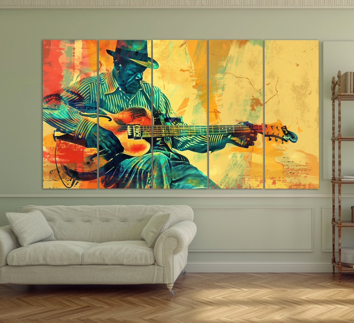 Abstract Guitar Player Canvas Print in Pop Art Oil Painting Style ...