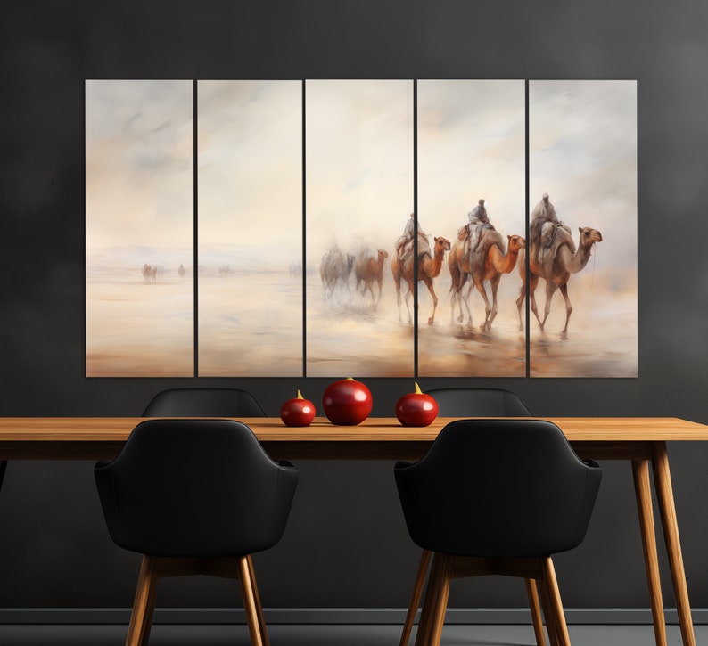 Camel Caravan Canvas Print in a Vintage Oil Painting Style, Neutral ...