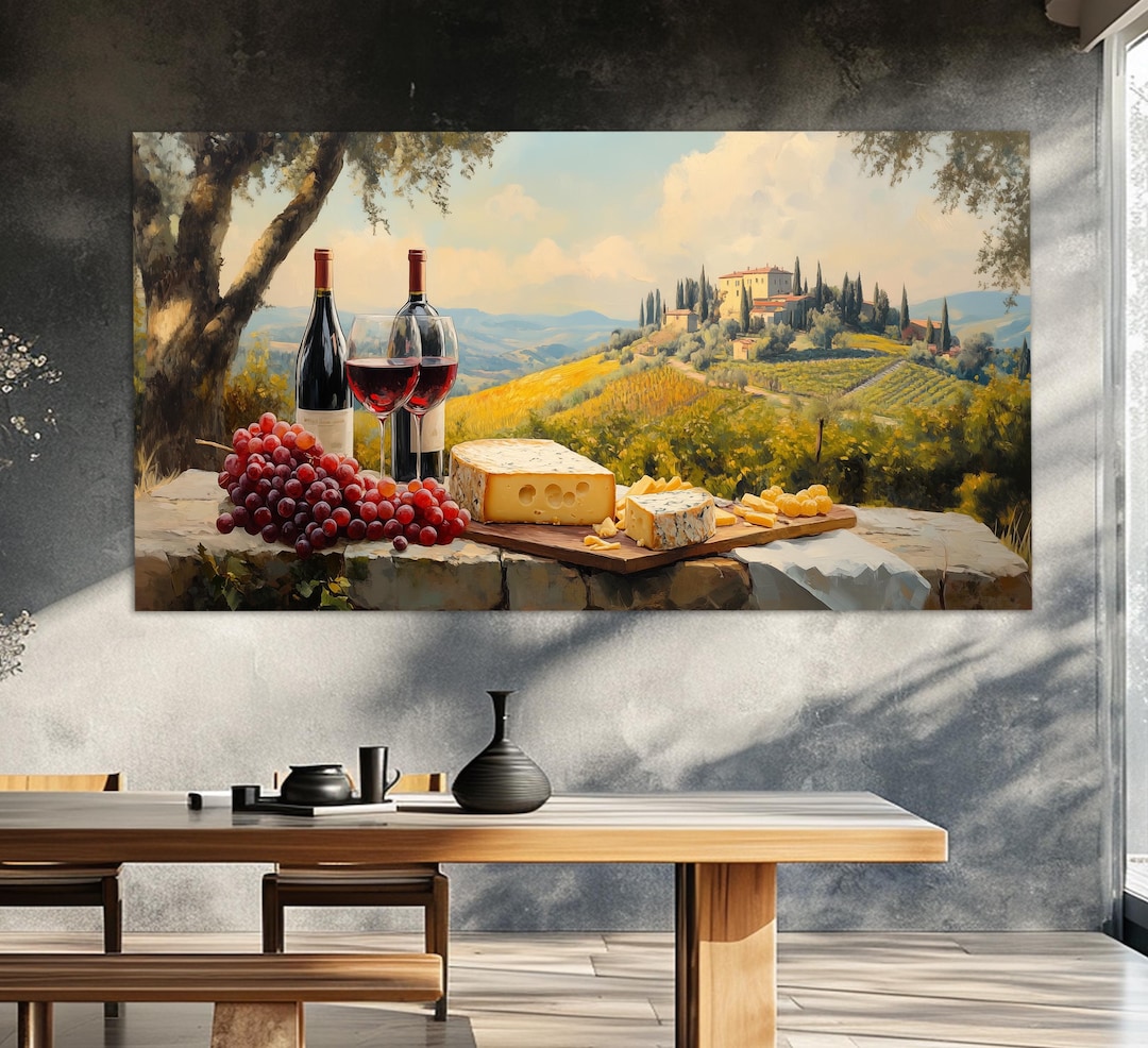 Romantic Tuscany Landscape With Wine and Cheese Canvas Print, Wine Wall ...