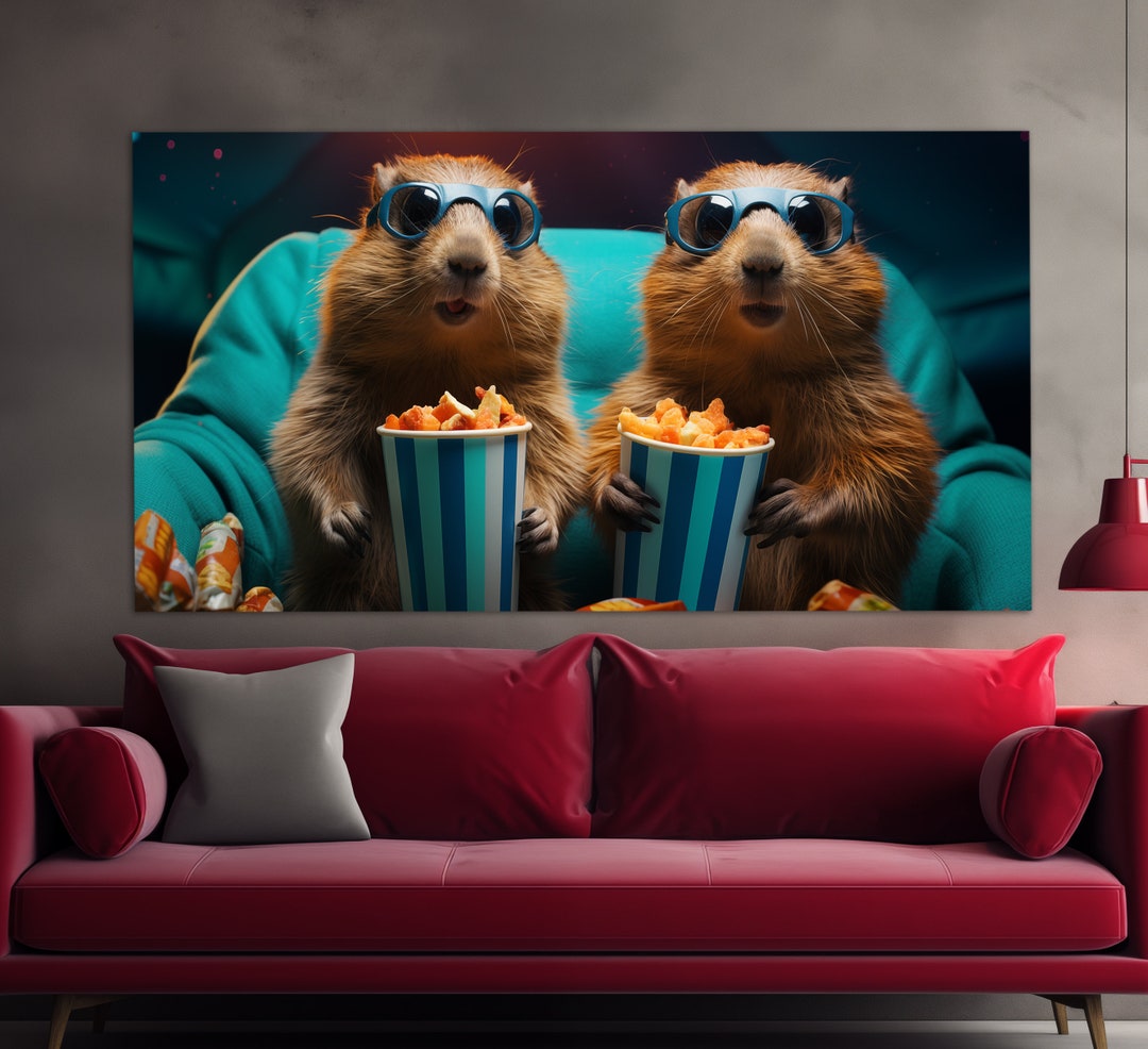 Beavers Watching Movie Canvas Print, Funny Movie Wall Art, Cinema ...