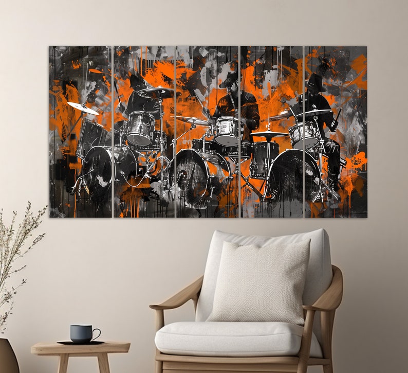 Drums Canvas Print in Vintage Oil Painting Style, Abstract Jazz ...