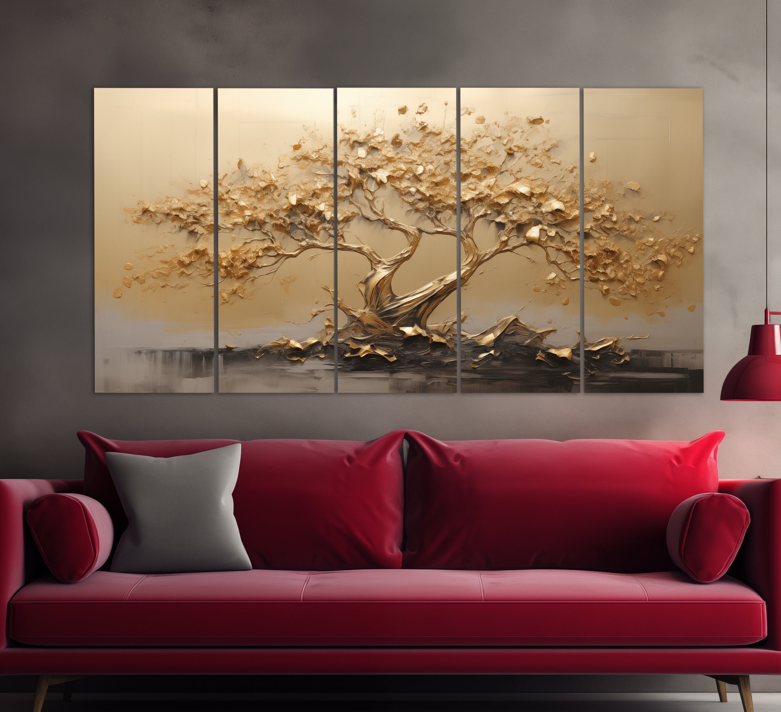 Golden Bonsai Tree Canvas Print, Abstract Tree Painting, Luxury Wall ...