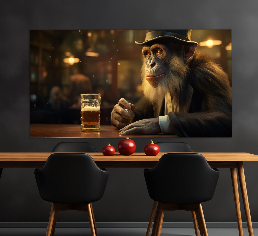 Old Monkey in Pub, Abstract Pub Canvas Print, Funny Pub Wall Art, Beer ...