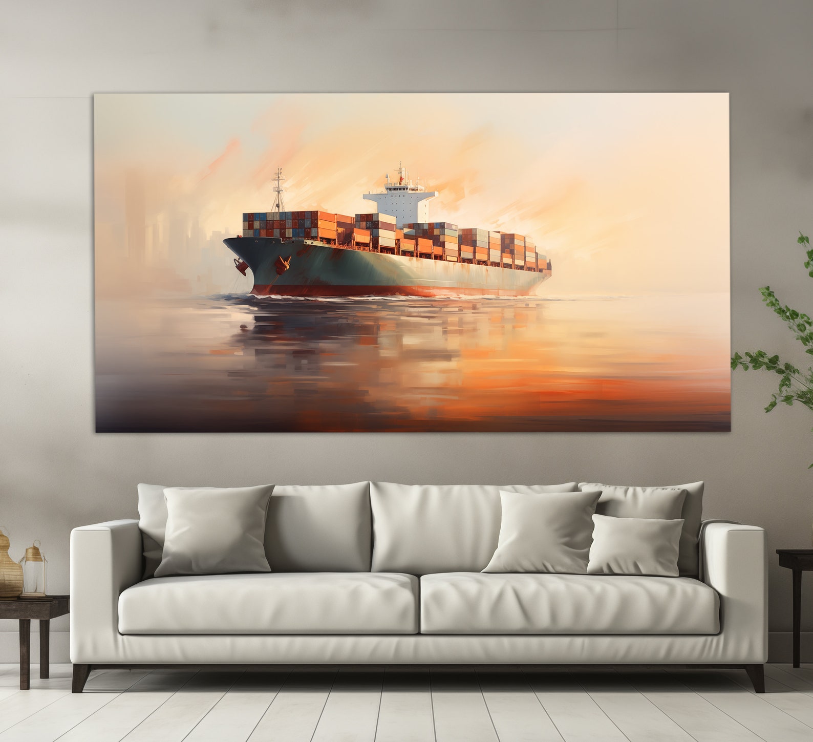 Container Ship Canvas Print in a Vintage Oil Painting Style, Cargo Ship ...