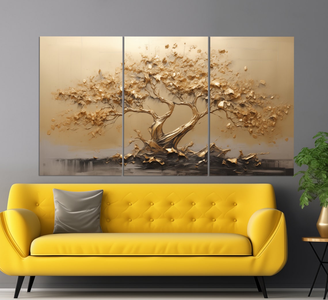 Golden Bonsai Tree Canvas Print, Abstract Tree Painting, Luxury Wall ...