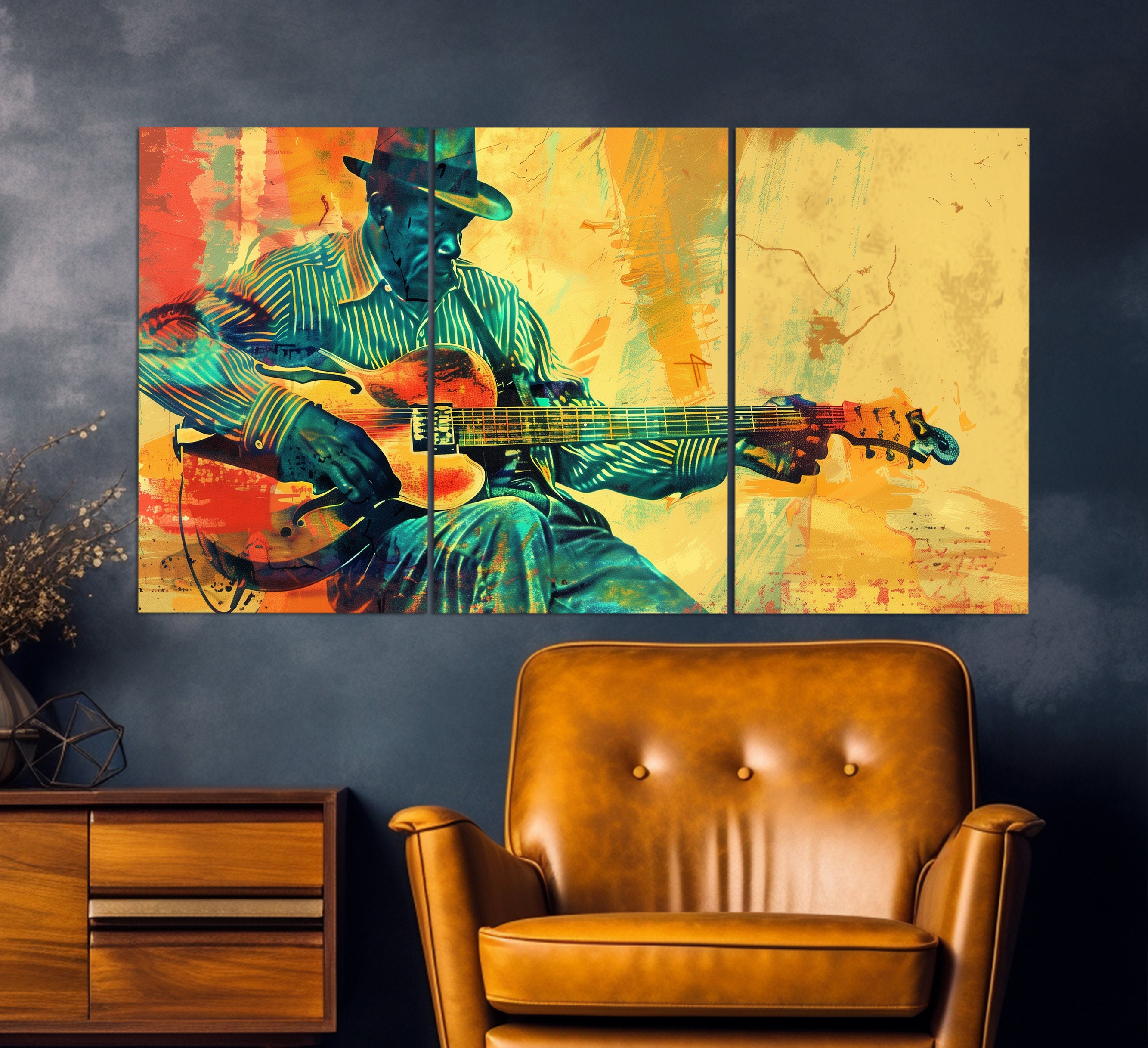Abstract Guitar Player Canvas Print in Pop Art Oil Painting Style ...