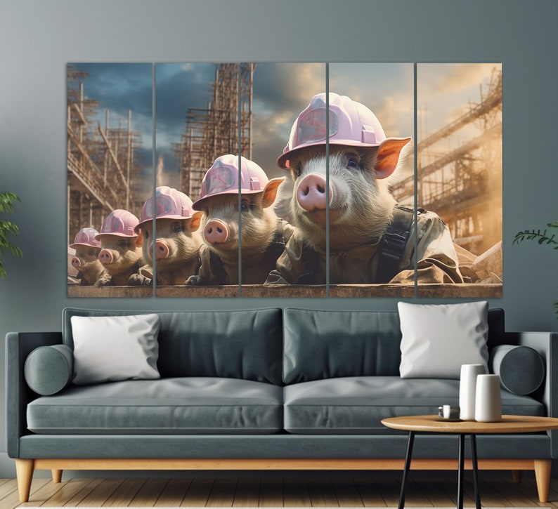 Funny Construction Wall Art, Pigs in Helmets Canvas Print, Abstract ...