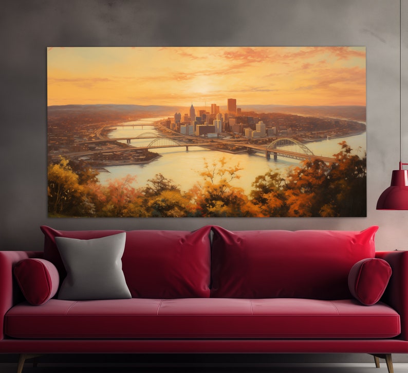 Pittsburgh Sunset Abstract Canvas Print in a Vintage Oil Painting Style ...