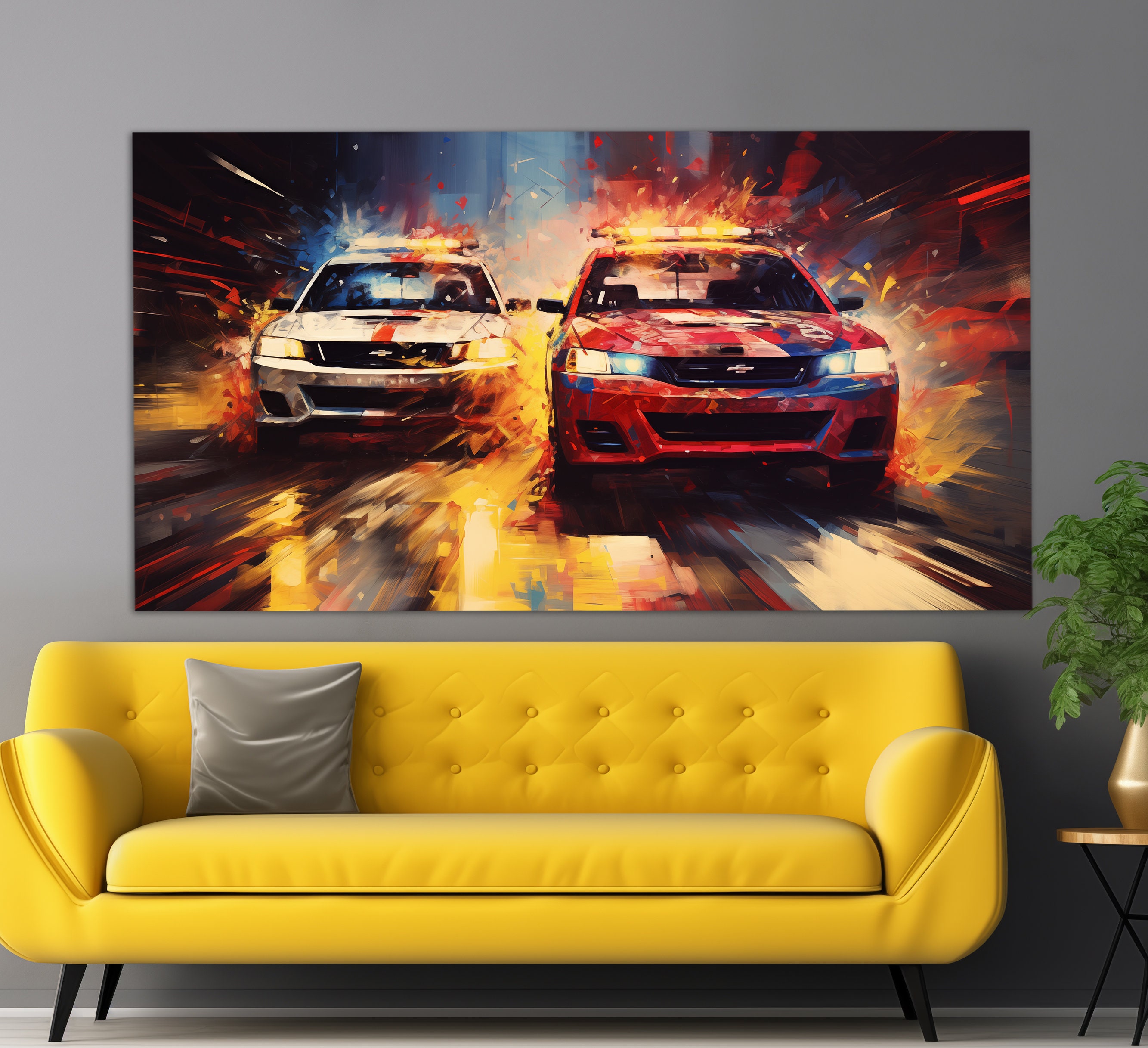 Retro Police Cars Canvas Print in an Oil Painting Style, Vintage Police ...