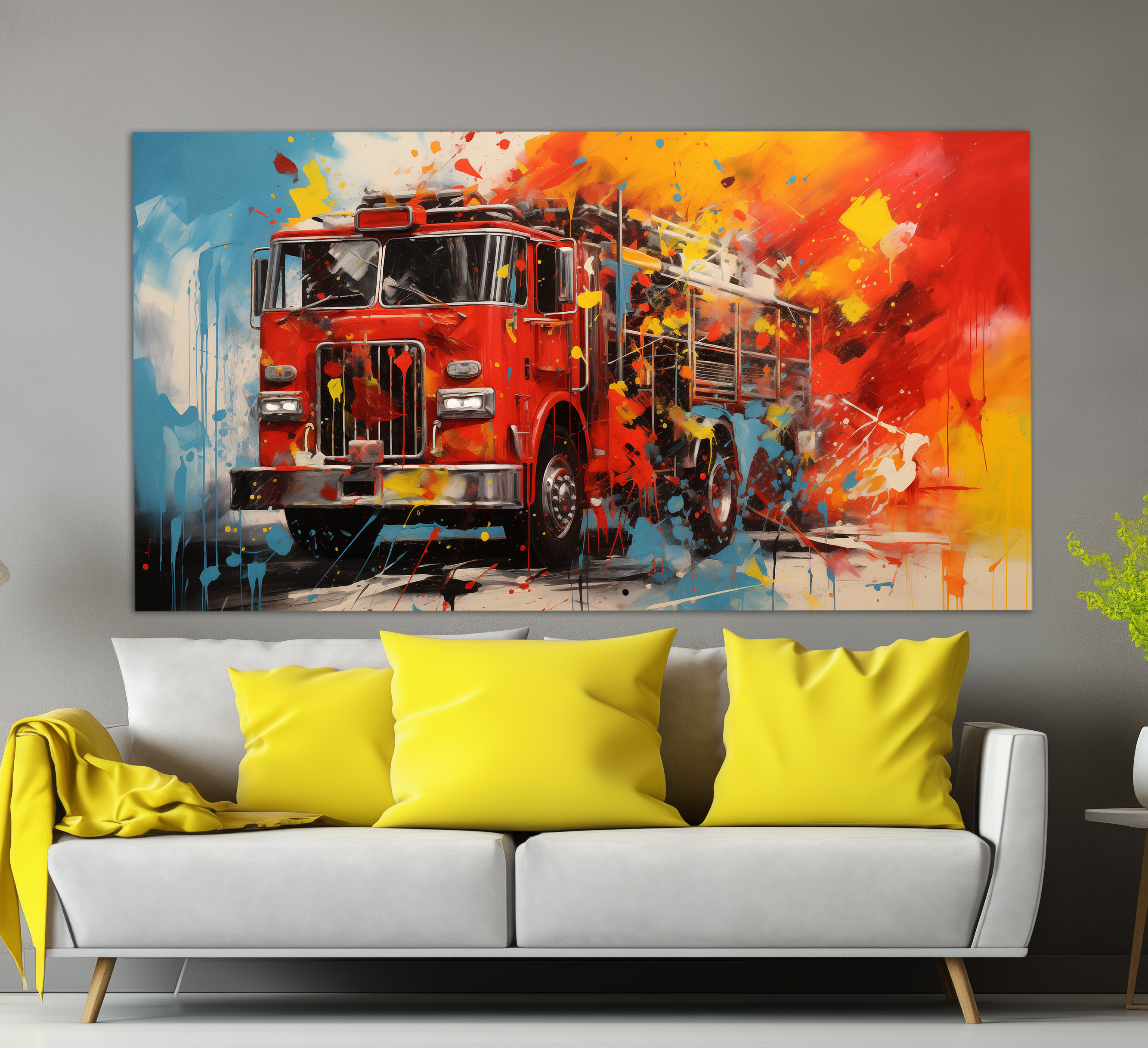 Abstract Firetruck Canvas Print in an Oil Painting Style, Firefighter ...