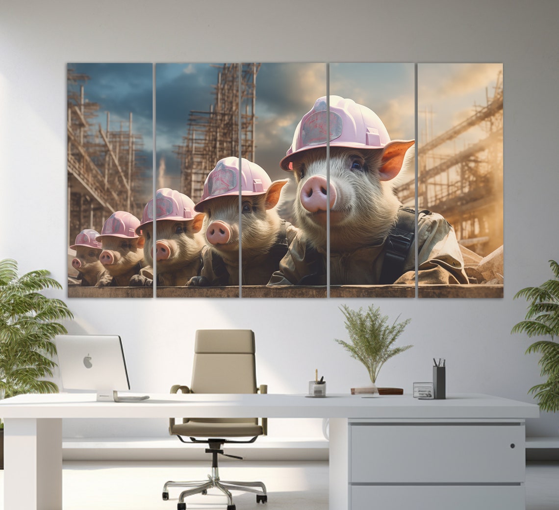 Funny Construction Wall Art, Pigs in Helmets Canvas Print, Abstract ...