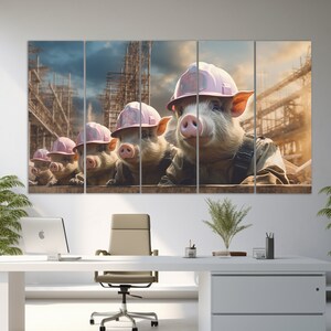 Funny Construction Wall Art, Pigs in Helmets Canvas Print, Abstract ...
