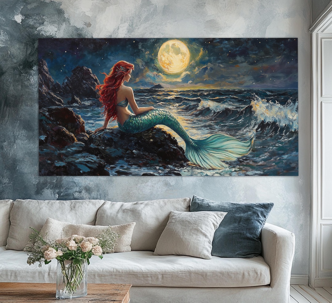 Redhead Mermaid by the Sea Under the Full Moon Canvas Print, Mermaid ...