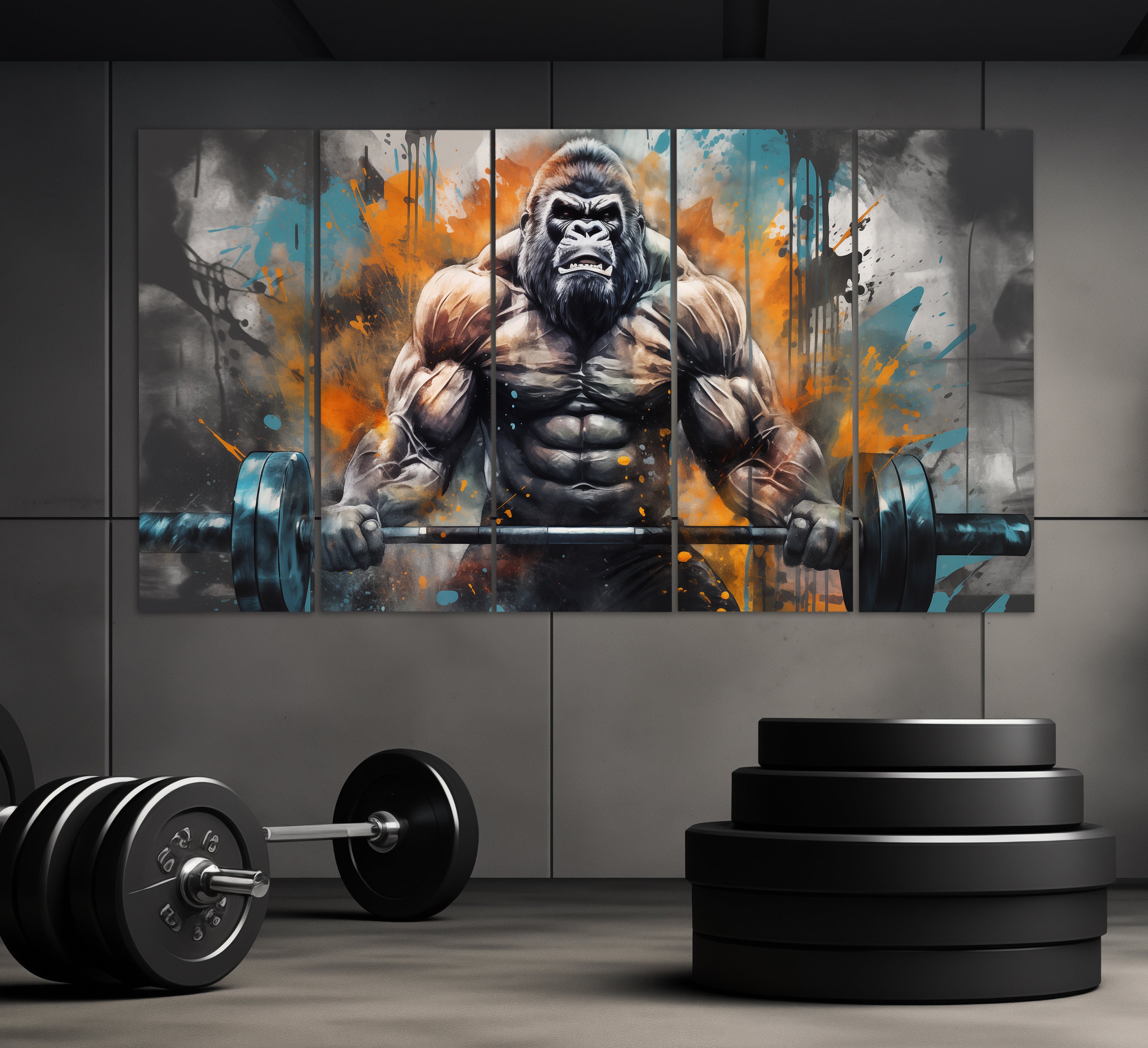 Abstract Gym Wall Decor, Gorilla Work Out Print, Gorilla With Barbell ...