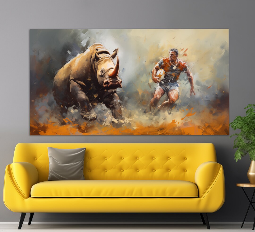 Rugby Player With Rhino Abstract Canvas Print in a Vintage Oil Painting ...