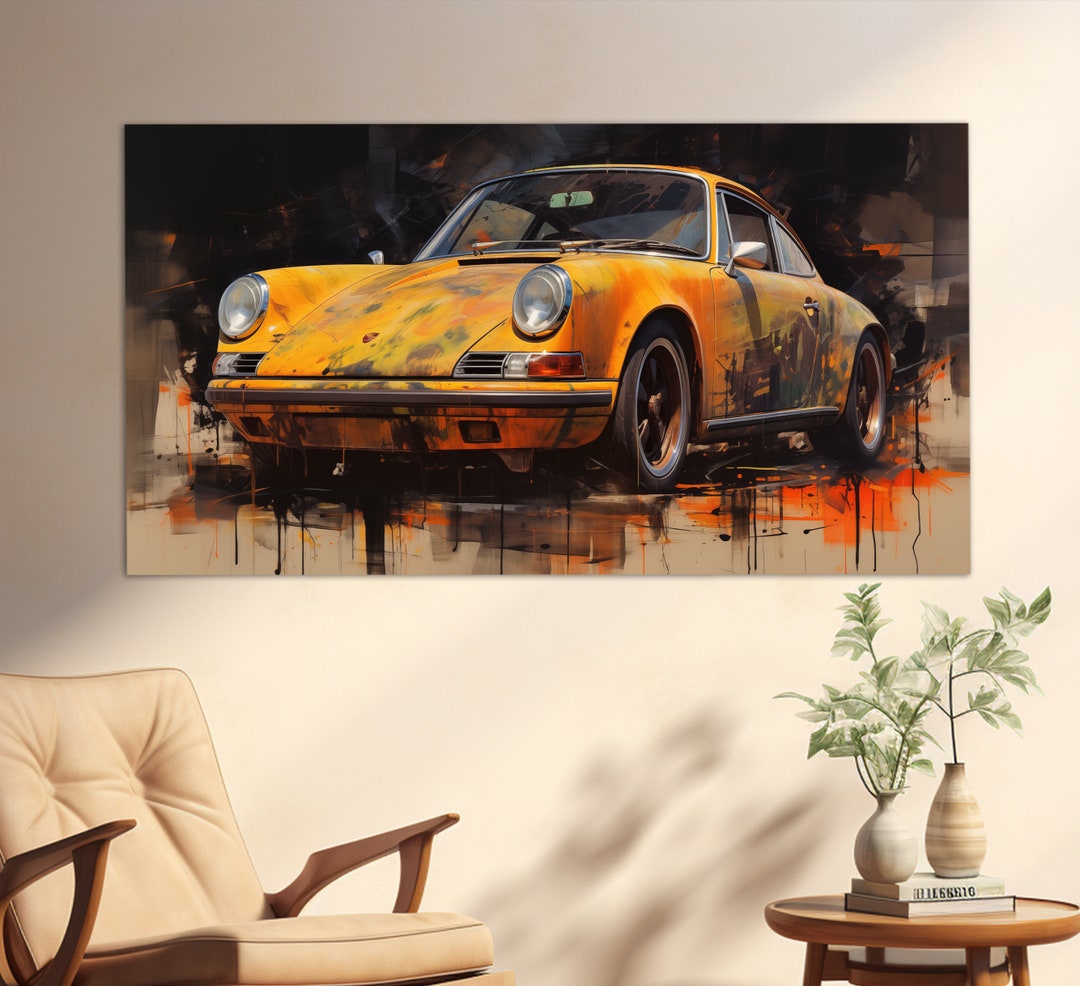 Vintage Yellow Porsche Canvas Print, Grunge Style Porsche Painting ...