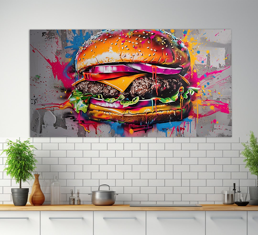 Hamburger Abstract Painting Canvas Print, Hamburger Poster, Kitchen ...