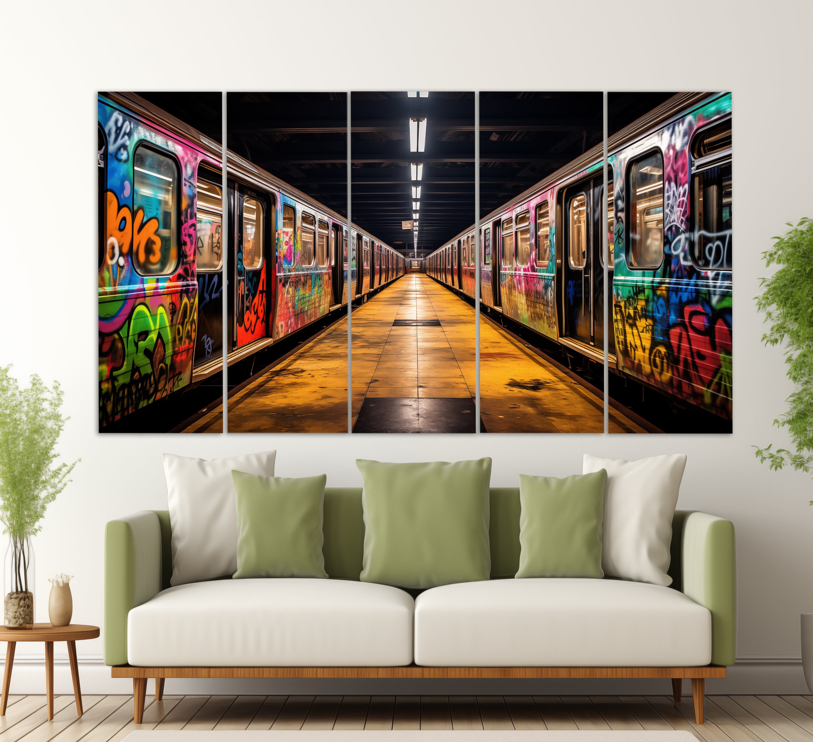 Metro Trains on Subway Station Painted With Graffiti Canvas Print ...