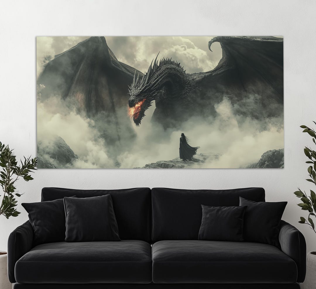 Large Dragon Canvas Print in a Vintage Oil Painting Style, Fantasy Wall ...