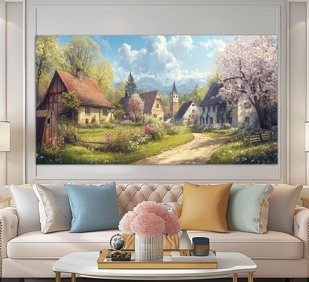 May Morning in Austrian Village Canvas Print, Neutral Tones Alpine ...