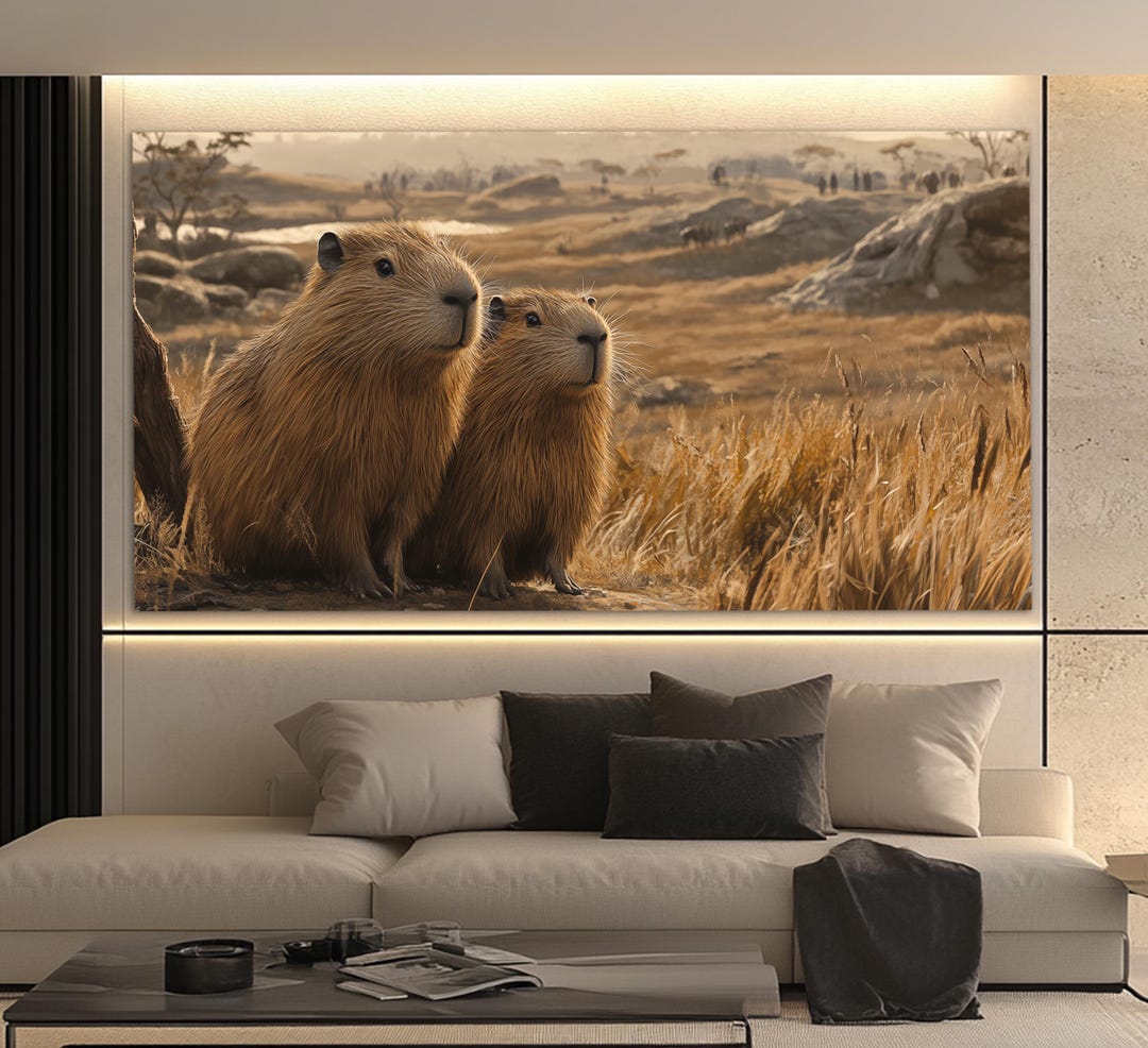 Cute Capybaras Couple Canvas Print, Capybaras Painting, Romantic Wall ...