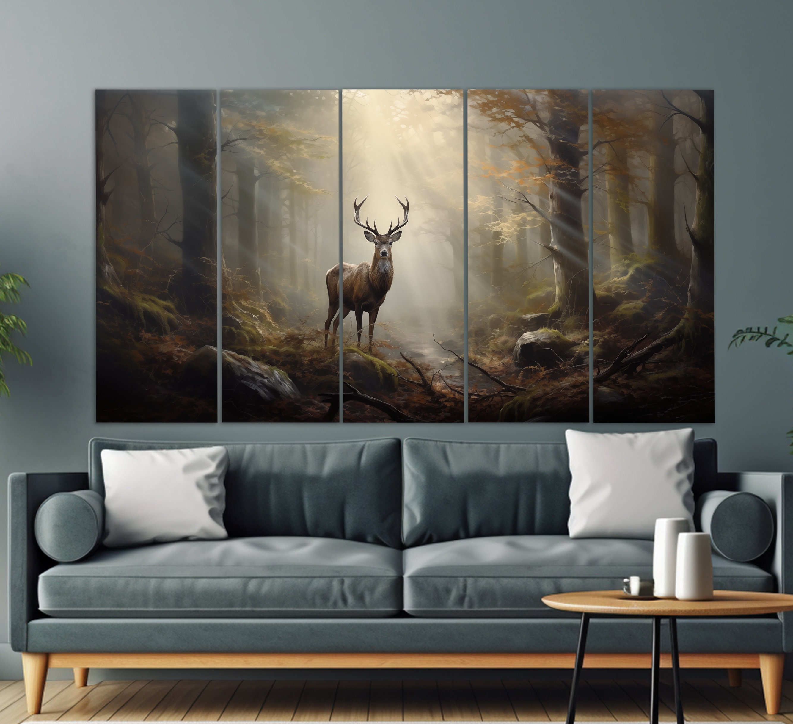 Deer in Forest Canvas Print in a Vintage Oil Painting Style, Mystical ...