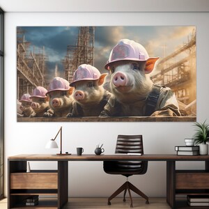 Funny Construction Wall Art, Pigs in Helmets Canvas Print, Abstract ...