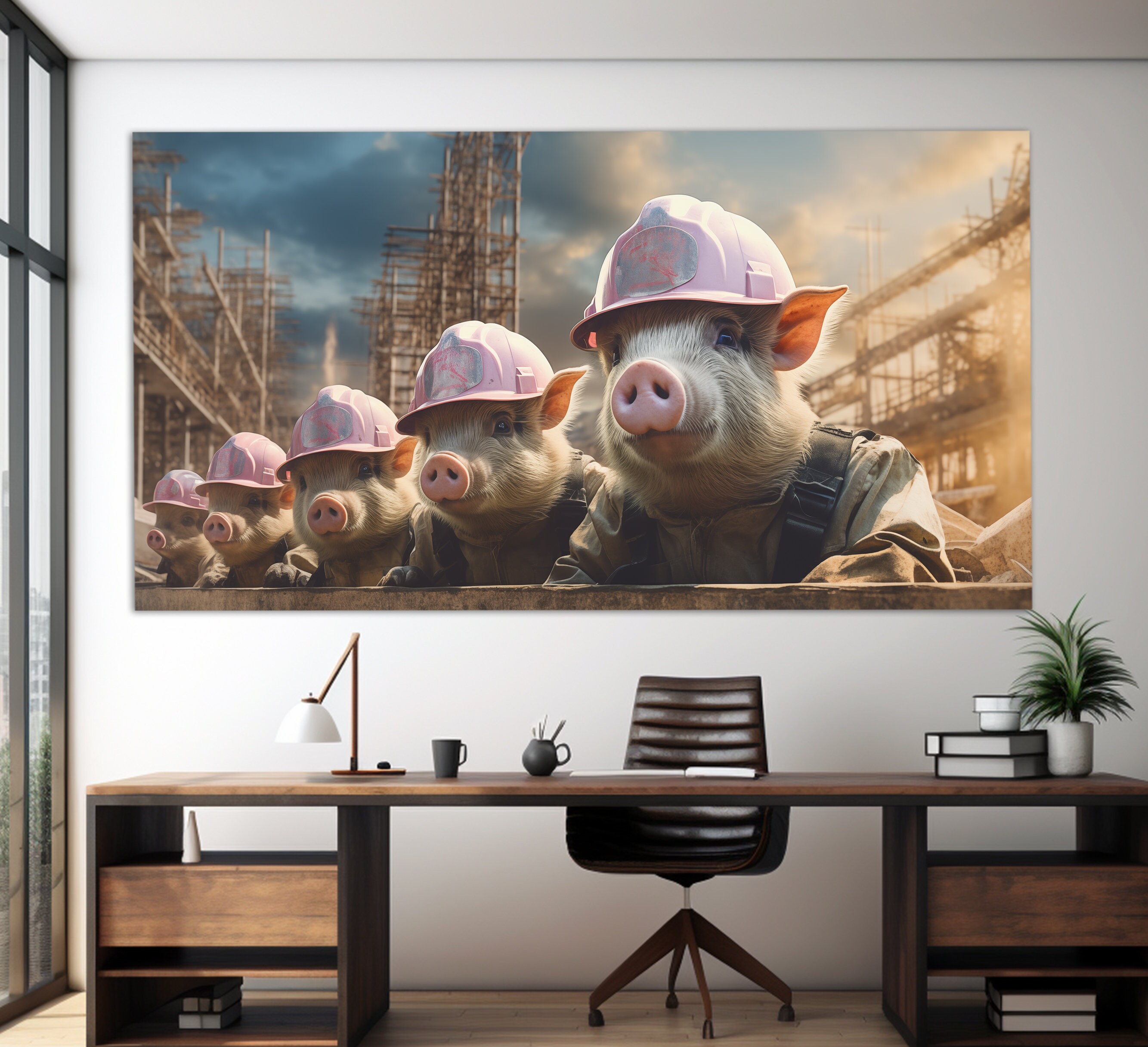 Funny Construction Wall Art, Pigs in Helmets Canvas Print, Abstract ...
