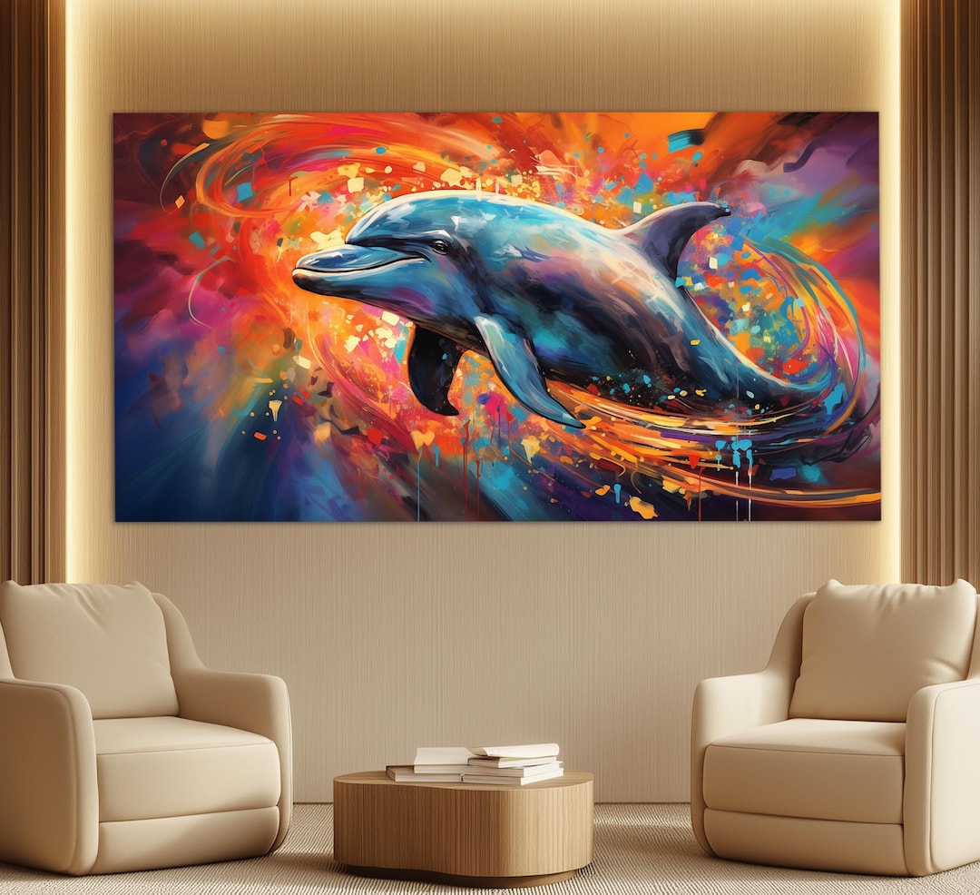 Abstract Dolphin Canvas Print in an Oil Painting Style, Dolphins Wall ...