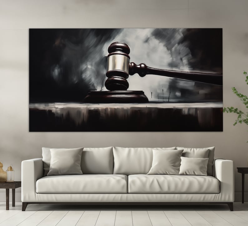 Justice Wall Art, Judge Hammer Canvas Print in a Vintage Oil Painting ...