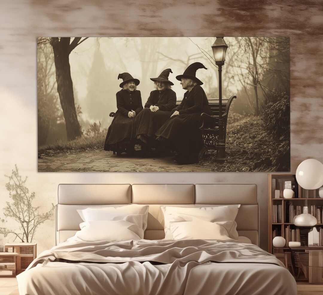 Old Witches on the Bench Canvas Print, Dark Academia Painting, Witch ...