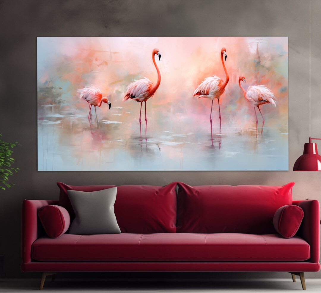 Pink Flamingos Canvas Print in a Vintage Oil Painting Style, Neutral ...