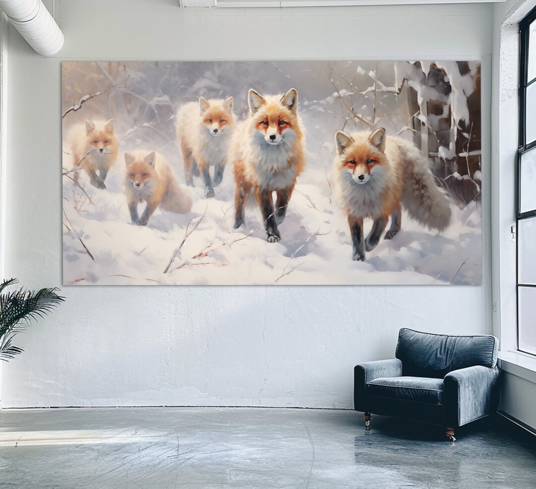 Foxes in Winter Forest Canvas Print in a Vintage Oil Painting Style ...