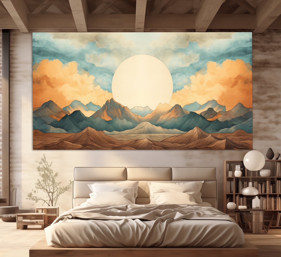 Neutral Colors Boho Mountains Canvas Print, Boho Sun Over Mountains ...