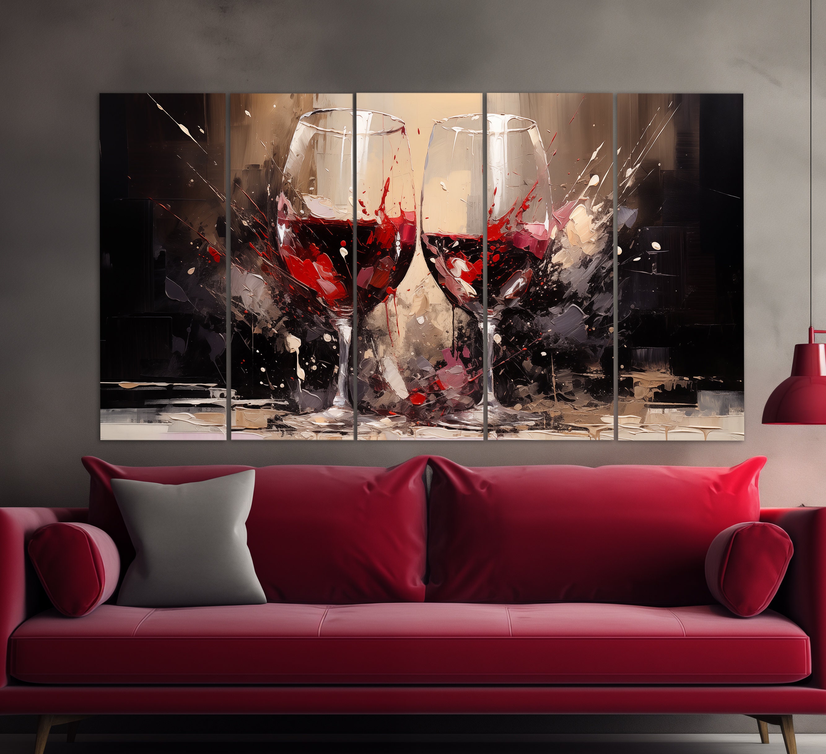 Wine Canvas Wall Art, Abstract Red Wine Glasses Canvas Print, Kitchen ...