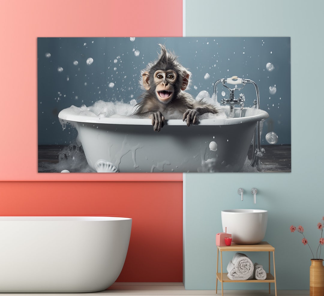 Monkey in Bathtub Canvas Print, Funny Bathroom Wall Decor, Bathroom ...